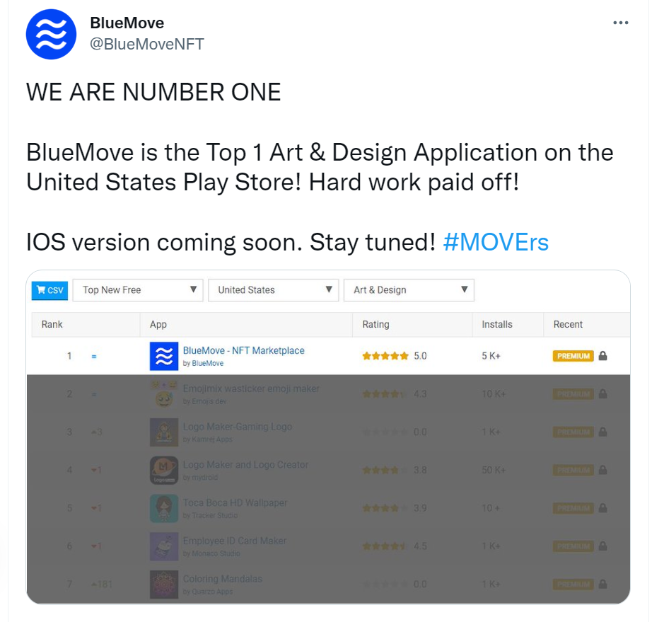 Aptos&Sui上的多链NFT市场BlueMove即将推出IOS版本 | PANews